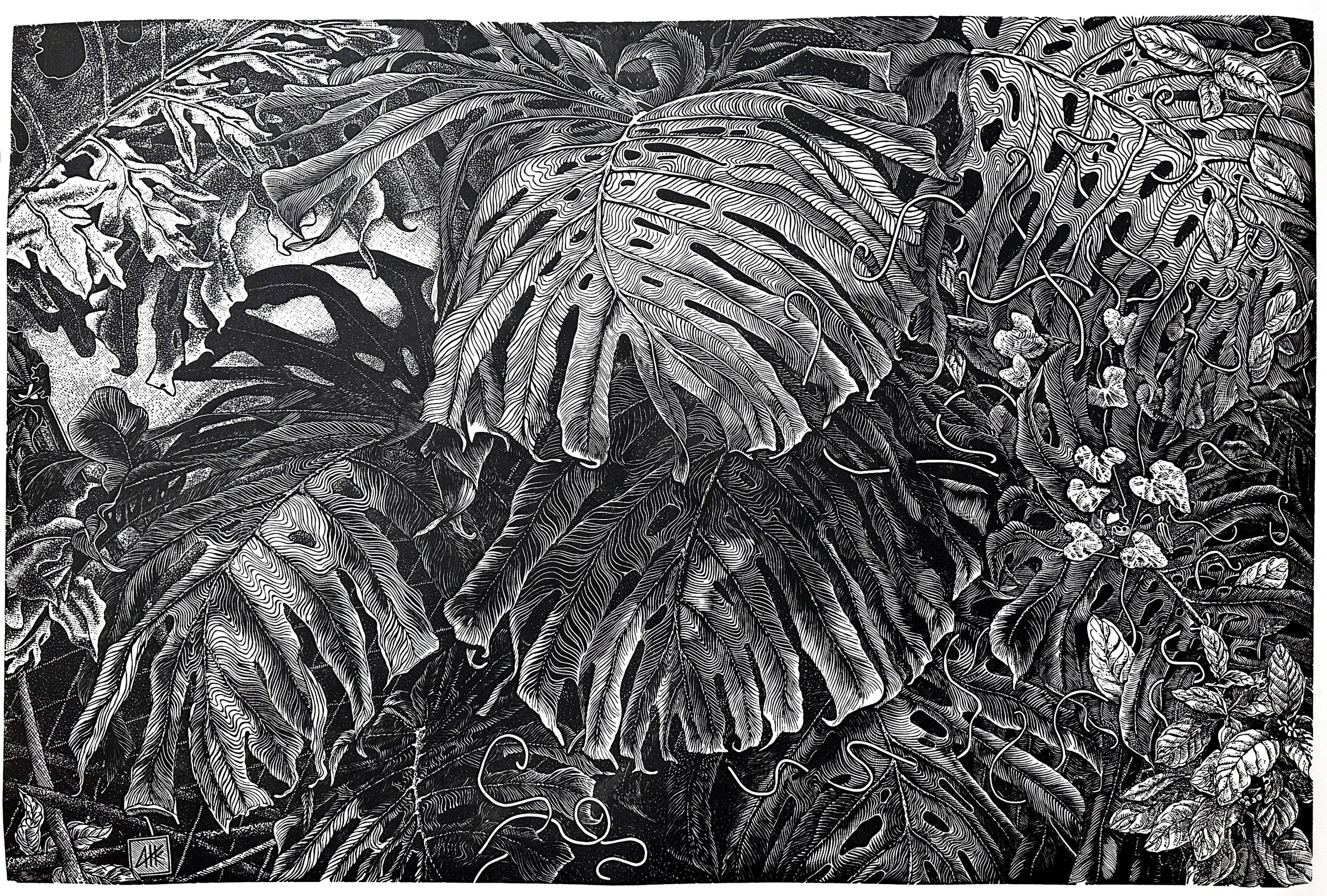 Monsteras Linocut Print | Aga Kubish ARE printmaker