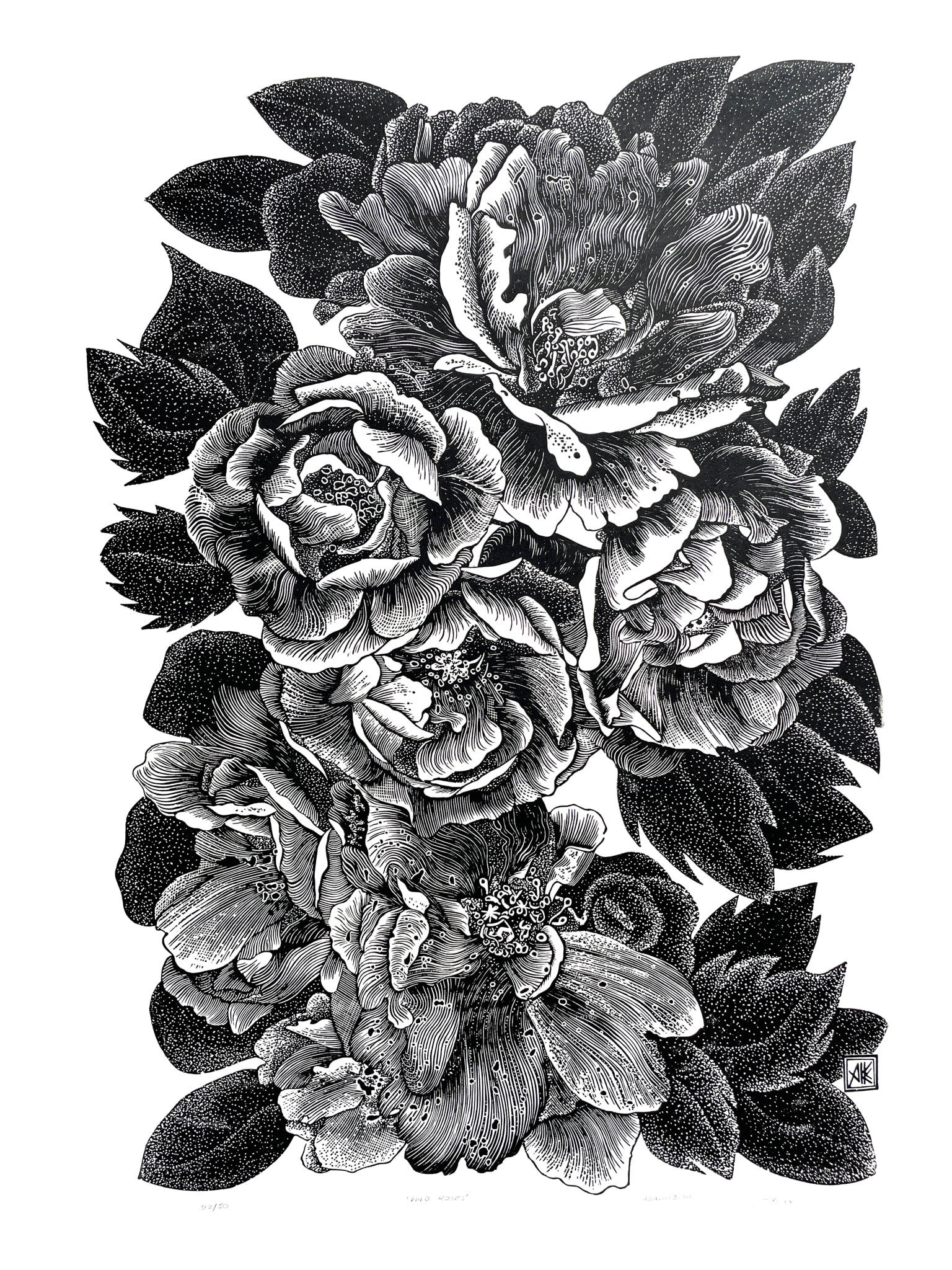 Wild Roses Large Linocut Print White Background | Aga Kubish ARE printmaker